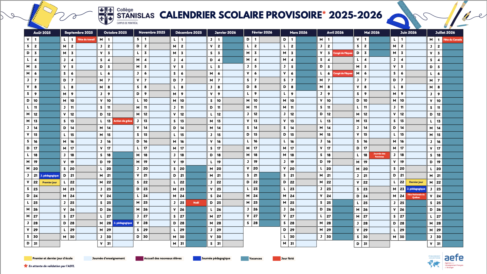 Calendrier scolaire - Campus de Montréal - Collège Stanislas